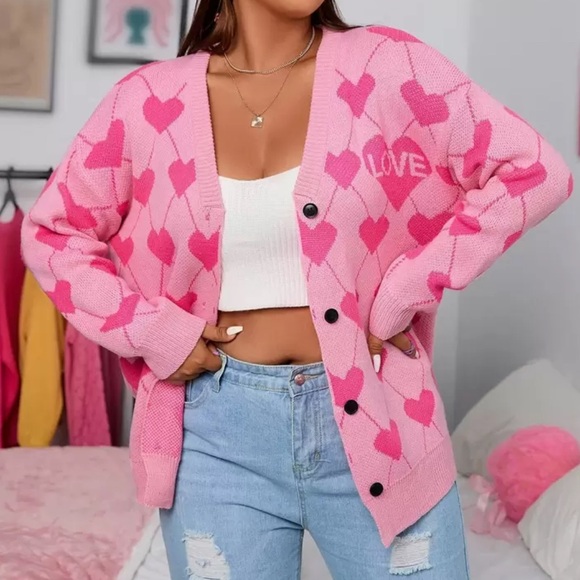 SHEIN | Sweaters | Shein Curve Plus Heart Argyle Drop Shoulder Cardigan ...